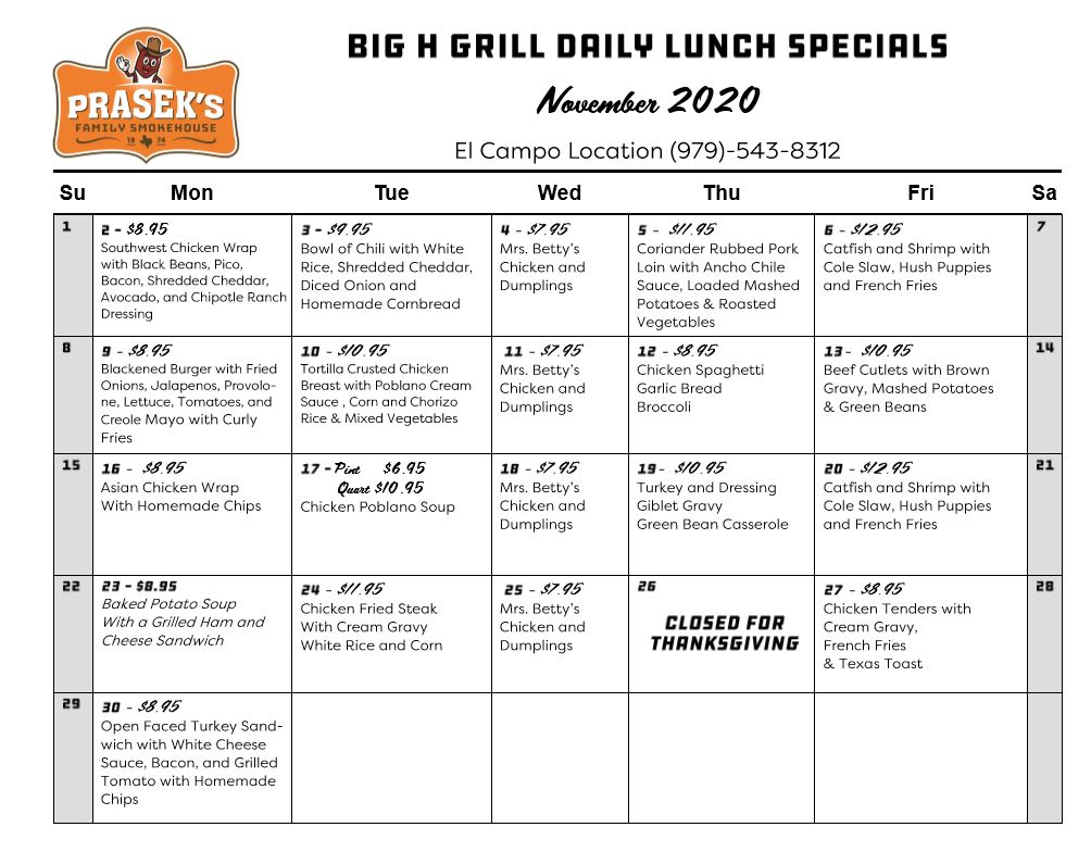 Big H Grill | Prasek's Family Smokehouse