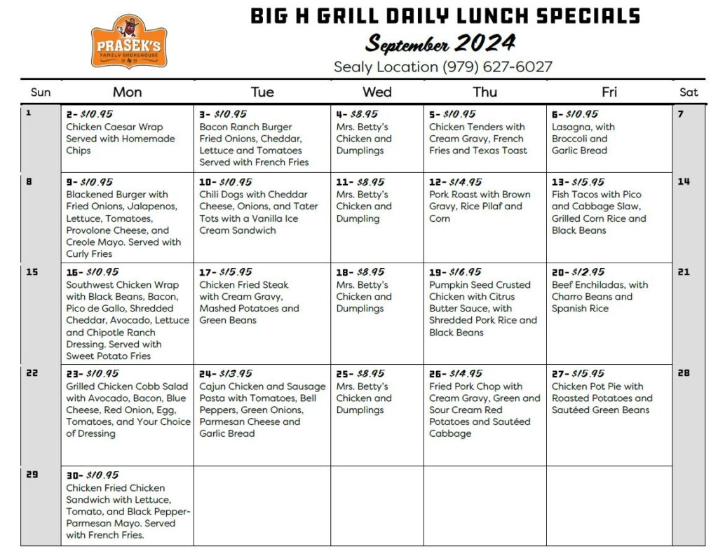 Big H Grill Sealy | Prasek's Family Smokehouse